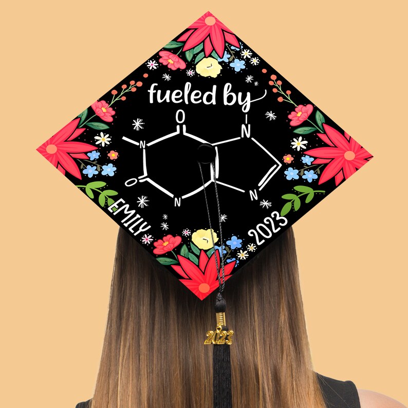 Fueled by Caffeine Printed Graduation Cap Topper, Funny Grad Cap Topper ...