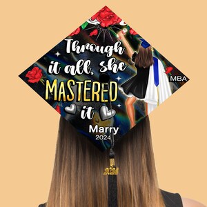 She Mastered It Printed Grad Cap Topper, Custom MBA Grad Cap Decoration ...