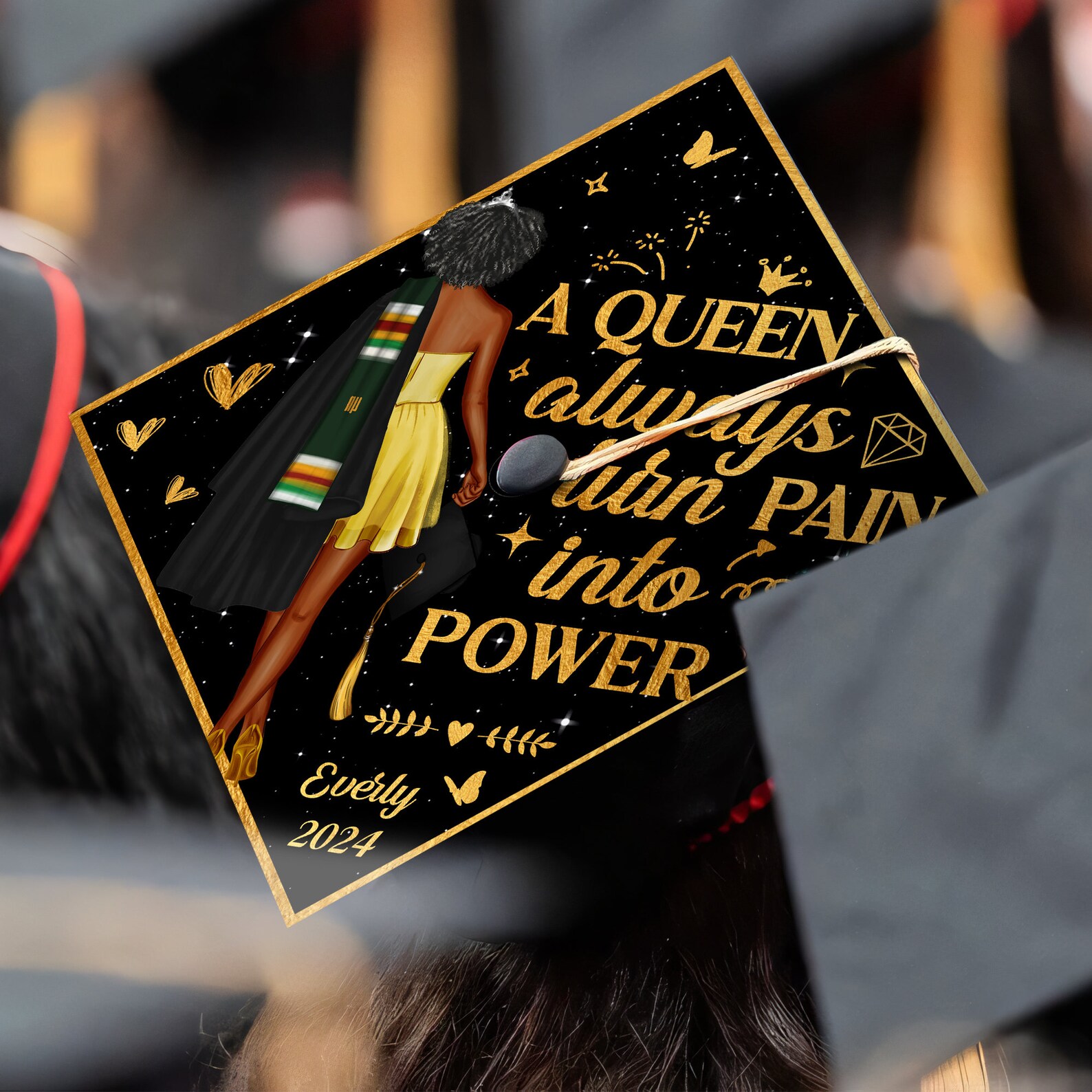 Black Queen Grad Cap Topper, A Queen Always Turn Pain Into Power Grad ...