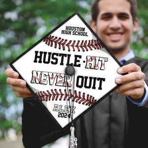 Hustle Hit Never Quit Baseball Grad Cap, Custom High School Baseball ...