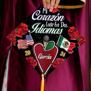 Bilingual Teacher Graduation Cap Topper, Mi Corazon Late En Dos Idiomas ...