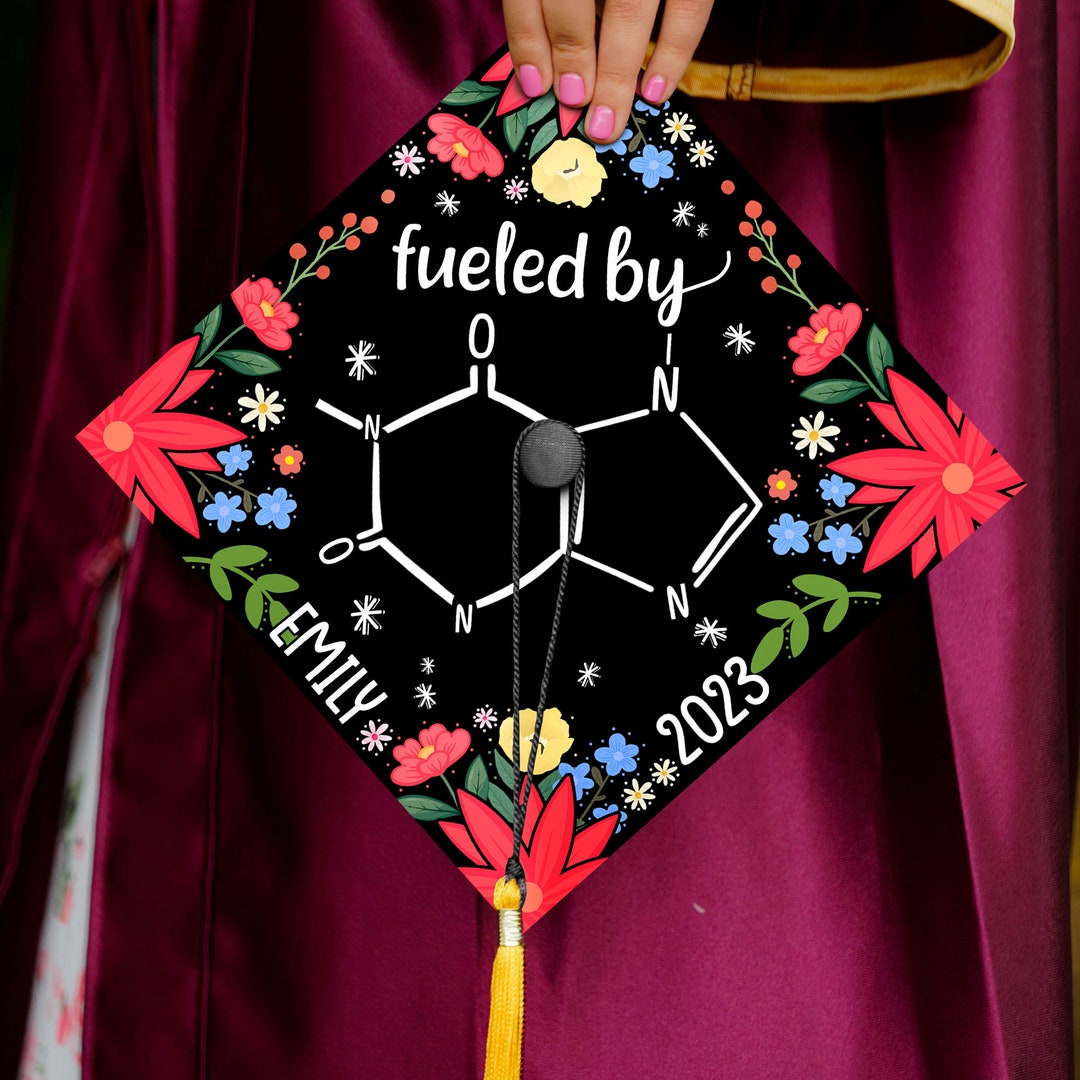 Fueled by Caffeine Printed Graduation Cap Topper, Funny Grad Cap Topper ...
