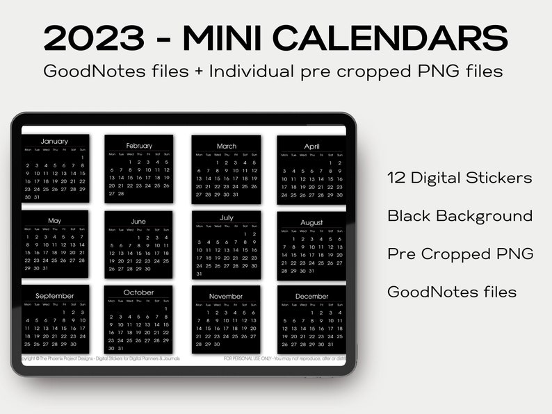 2023 Mini Monthly Digital Calendar Stickers Pre Cropped Png and ...