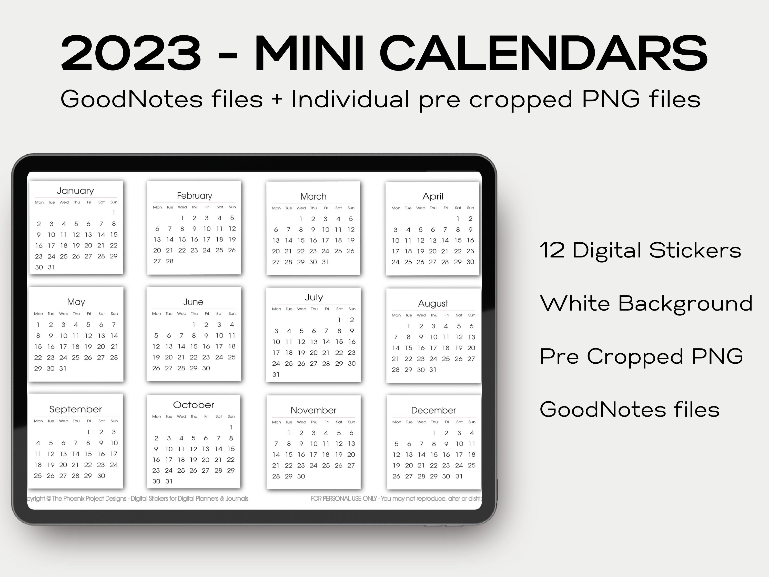 2023 Mini Monthly Digital Calendar Stickers Pre Cropped Png and ...