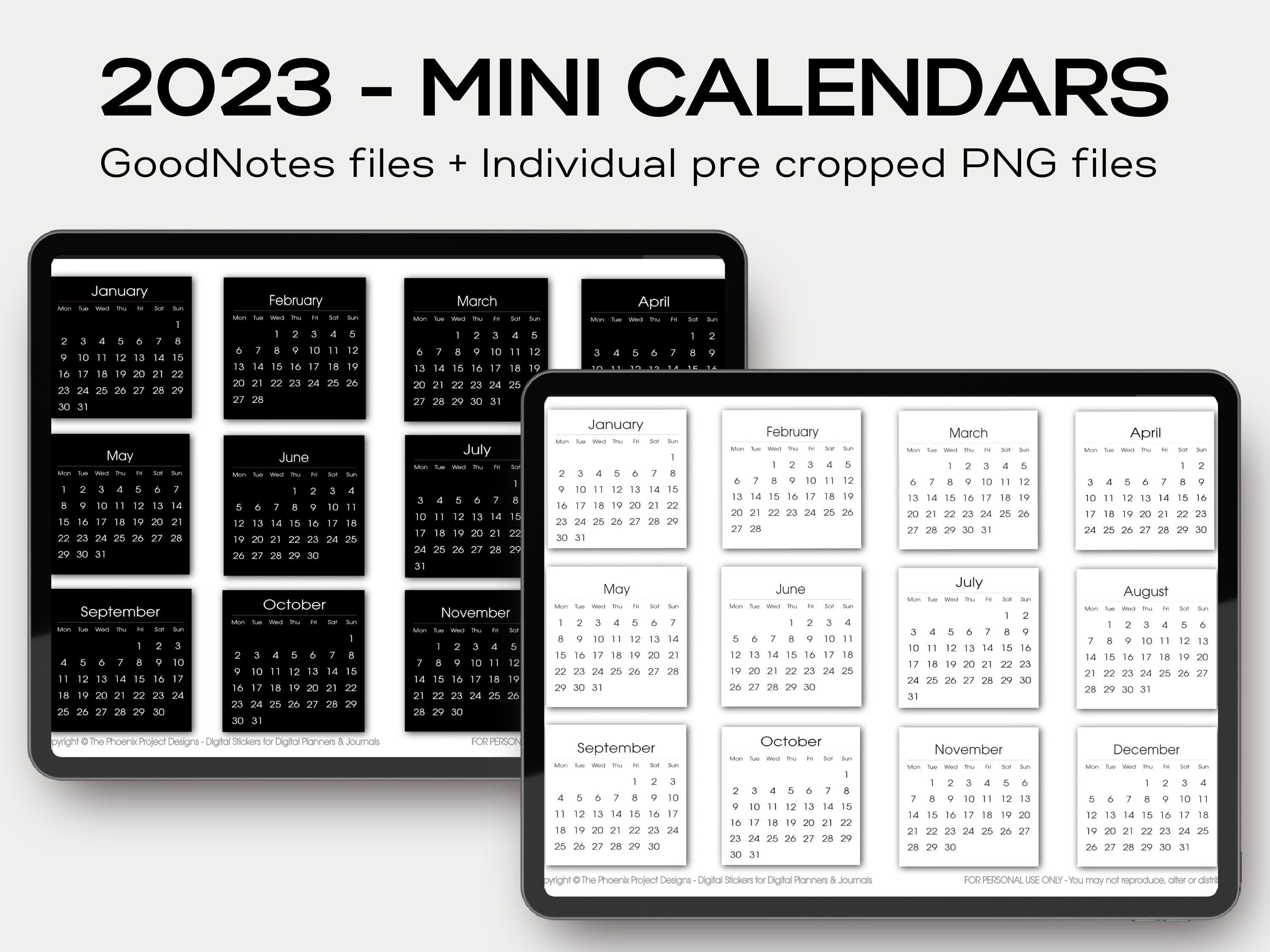 2023 Mini Monthly Digital Calendar Stickers Pre Cropped Png and ...