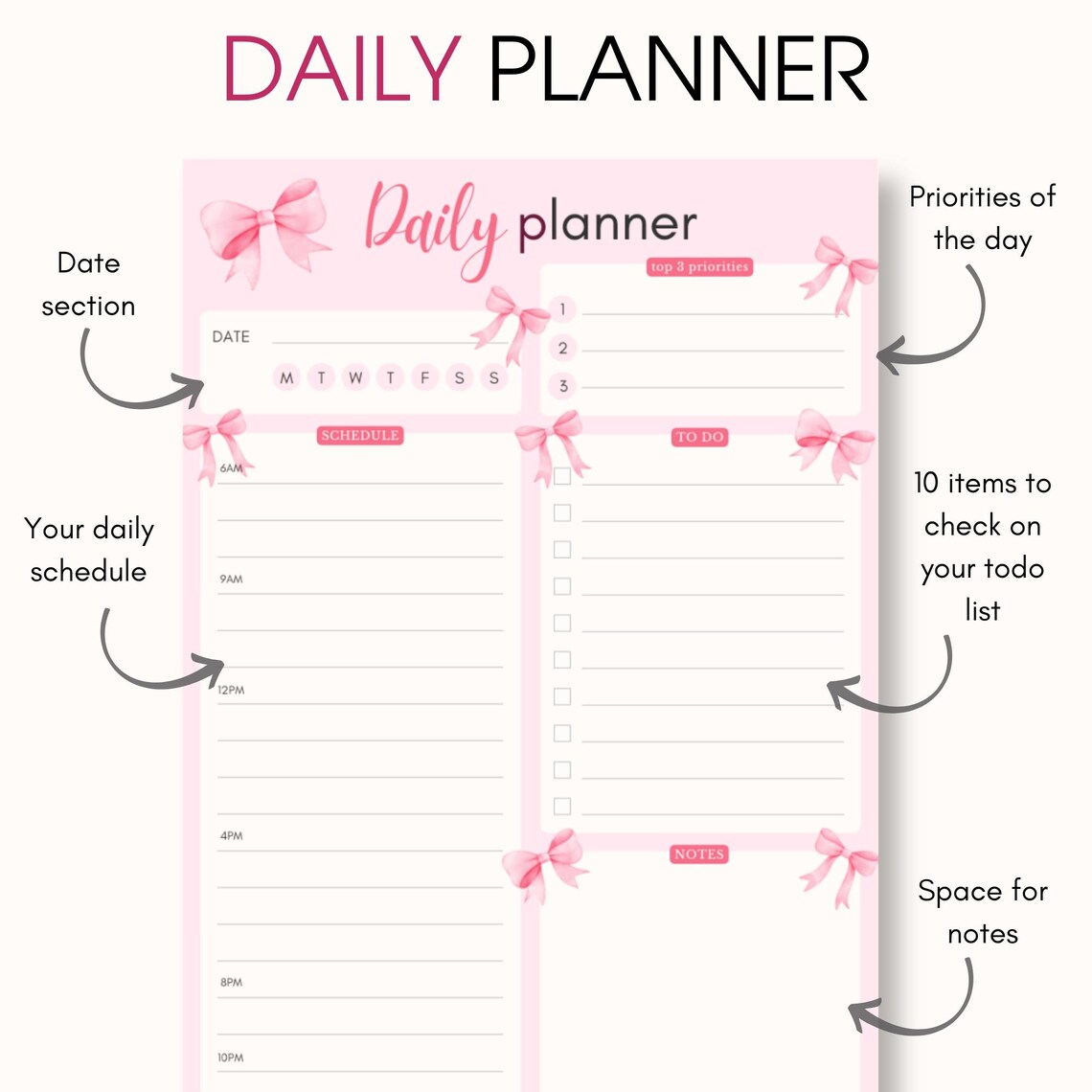 Coquette Daily Planner Printable, Daily to Do List, Daily Schedule ...