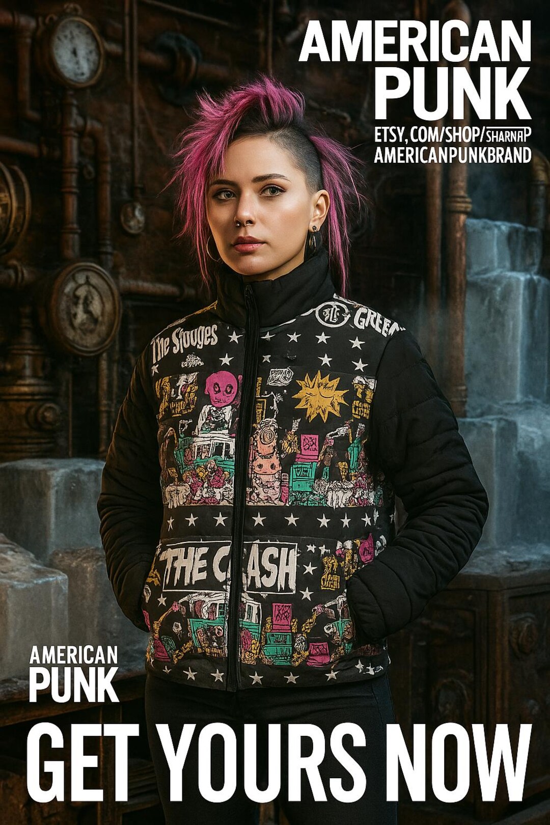 Punk Rock Collage Puffer Jacket | Band Graphic All-over Print - Etsy