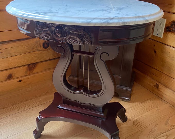 Vintage Italian Marble Lyre Side Table – Carved Floral Wood Base ...