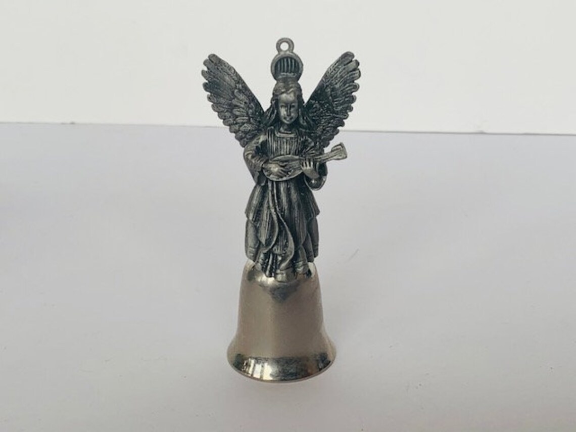 Angel Pewter Bell Figurine Vintage Vtg Metal Miniature Ornament Heaven ...