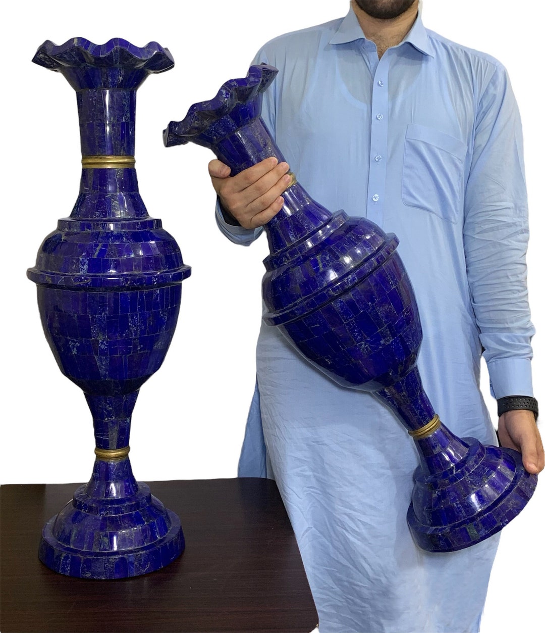 2 Pieces AAA+ Grade Lapis Lazuli Lebes Gamikos Design Vase Pair Set ...