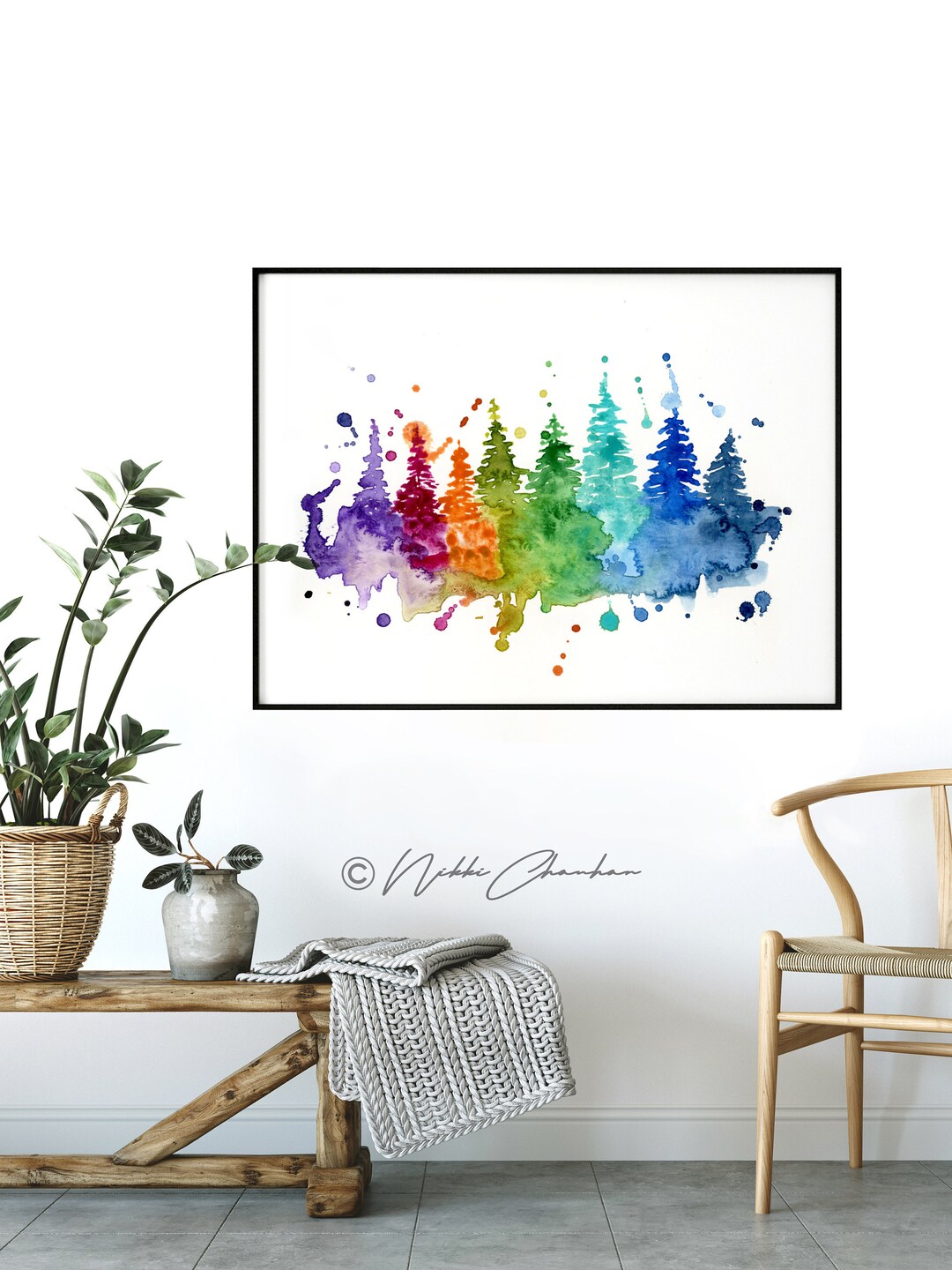 Colorful Pine Trees Painting, Scandinavian Print Decor, Watercolor ...