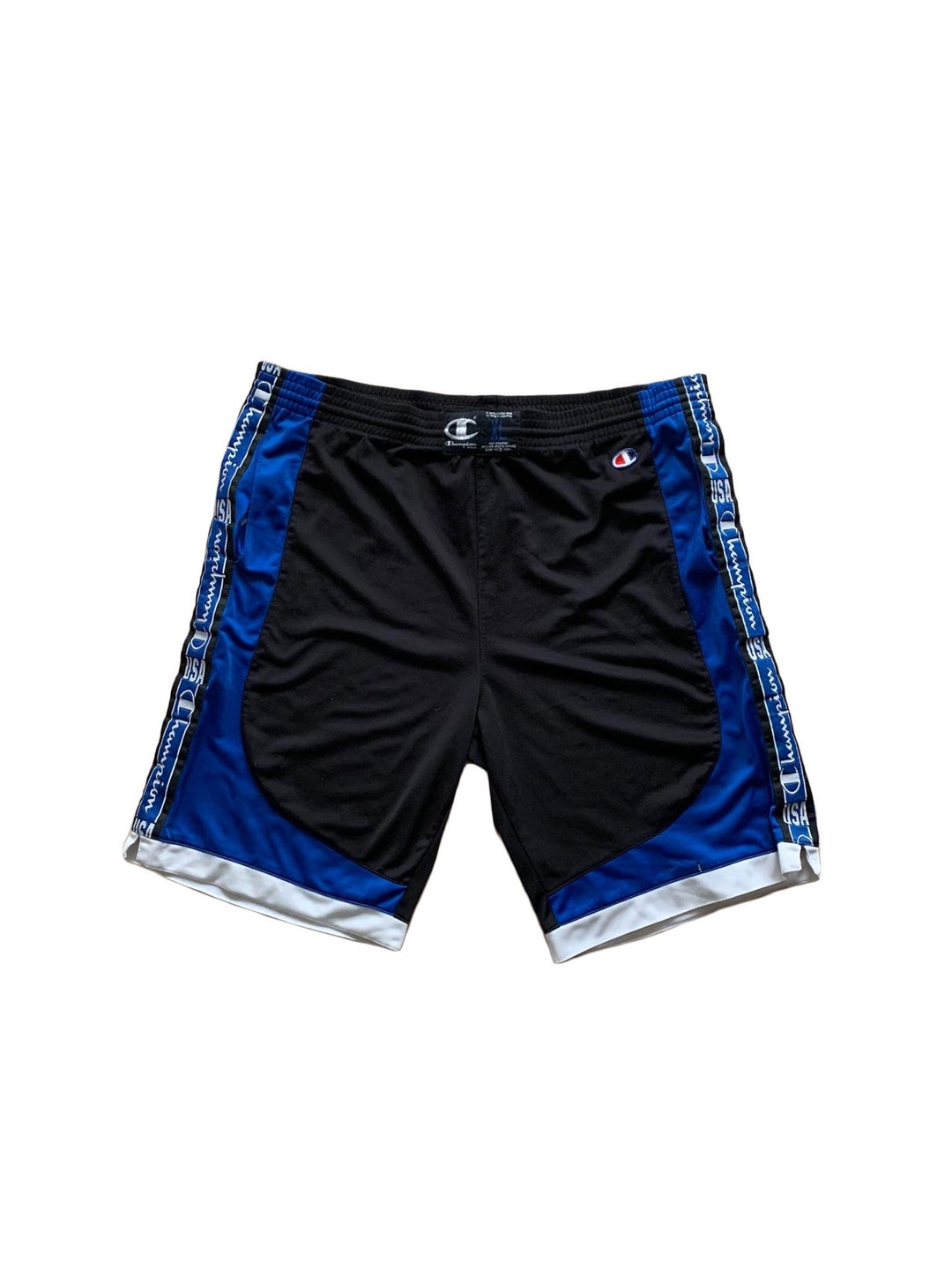 Vintage Champion Side Tape Logo Basketball Shorts Black Blue 90s Retro ...