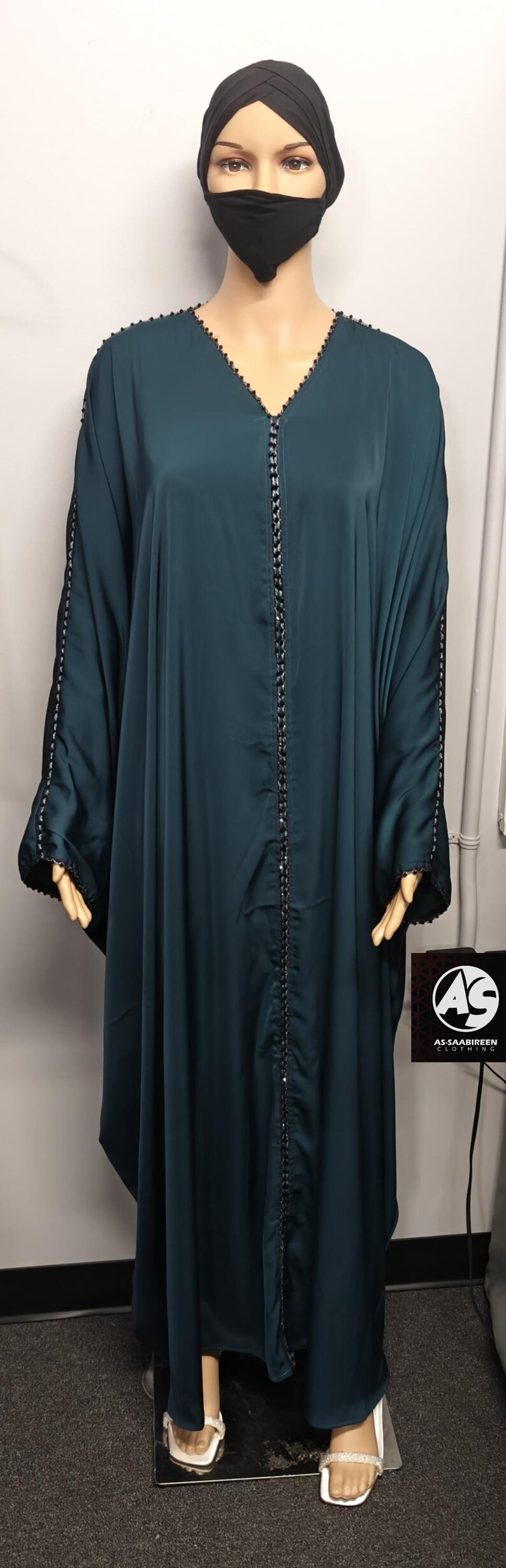Dark Teal Color Beaded Nidah Abaya Kimono: Dubai Modest Fashion - Etsy