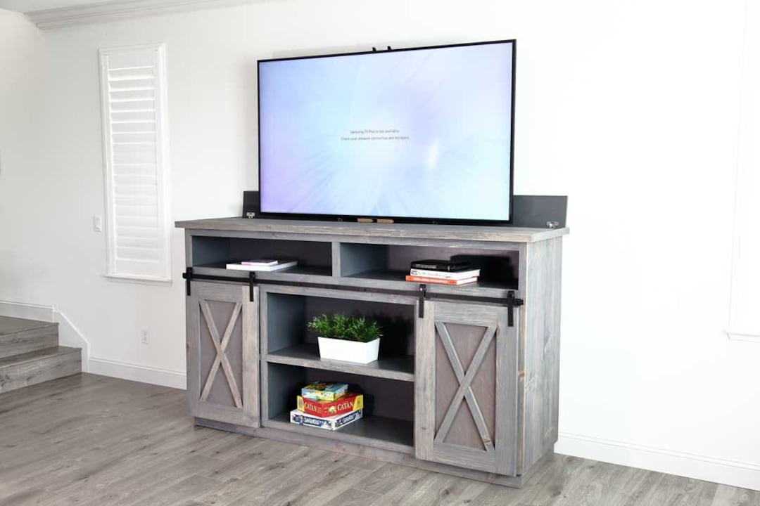 Buy DIY Farmhouse Media Console With TV Lift Plans media Center Cabinet Barn Door Entertainment Center TV Lift Cabinet Hidden Tv Stand Online in India Etsy