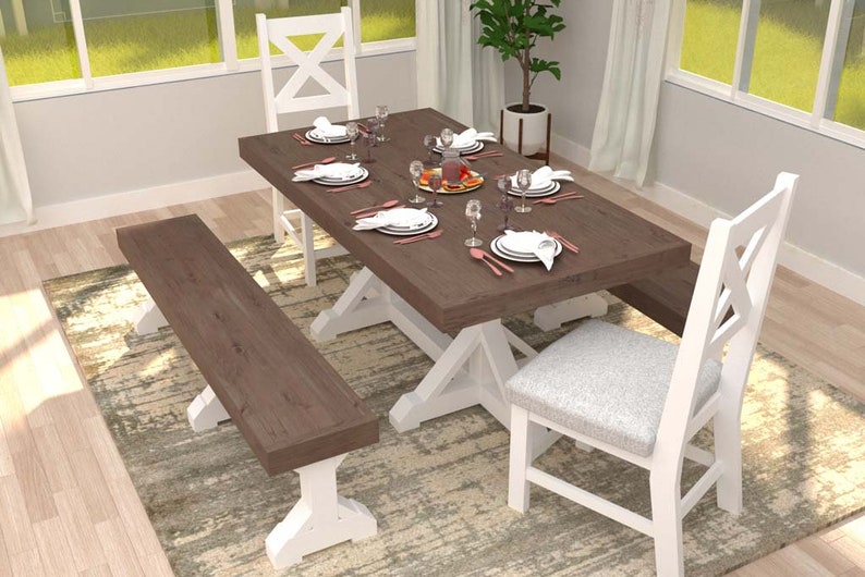 DIY Farmhouse Dining Table Set With Bench and a Chair Plan [kitchen ...