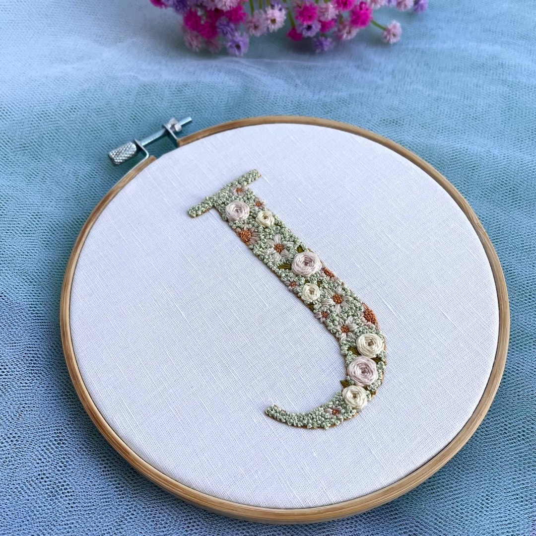 Initial J Hand Embroidery – Botanical Hoop Art – Ready to Ship - Hand ...