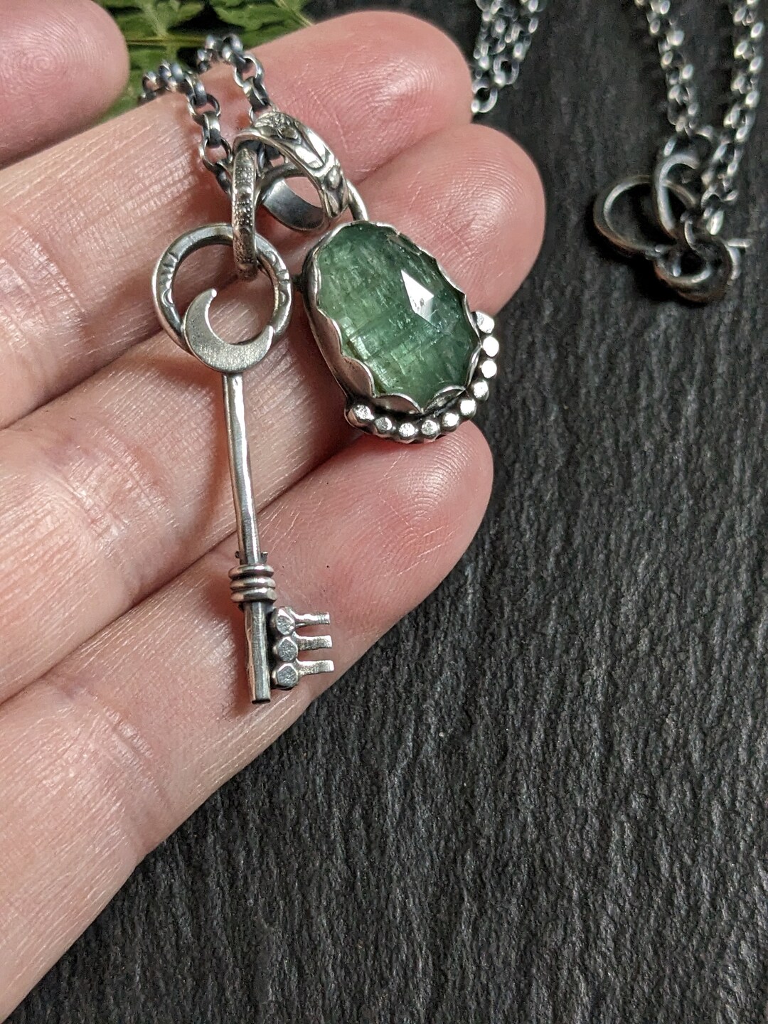 Charm Necklace, Silver Key Pendant, Kyanite Pendant, Moon Necklace ...