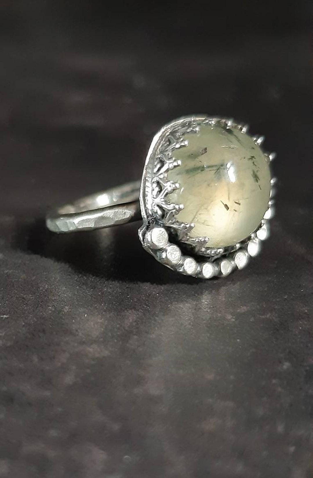 Prehnite Ring, Sterling Silver Ring, Hammered Ring, Prehnite Jewellery ...