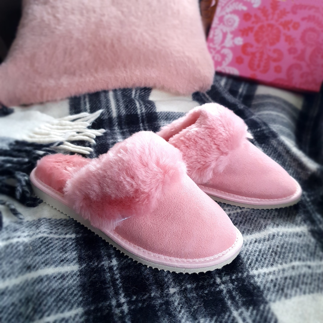 Handmade Sheepskin Mule Slippers: Pale Pink Suede Fur Collar - Etsy UK