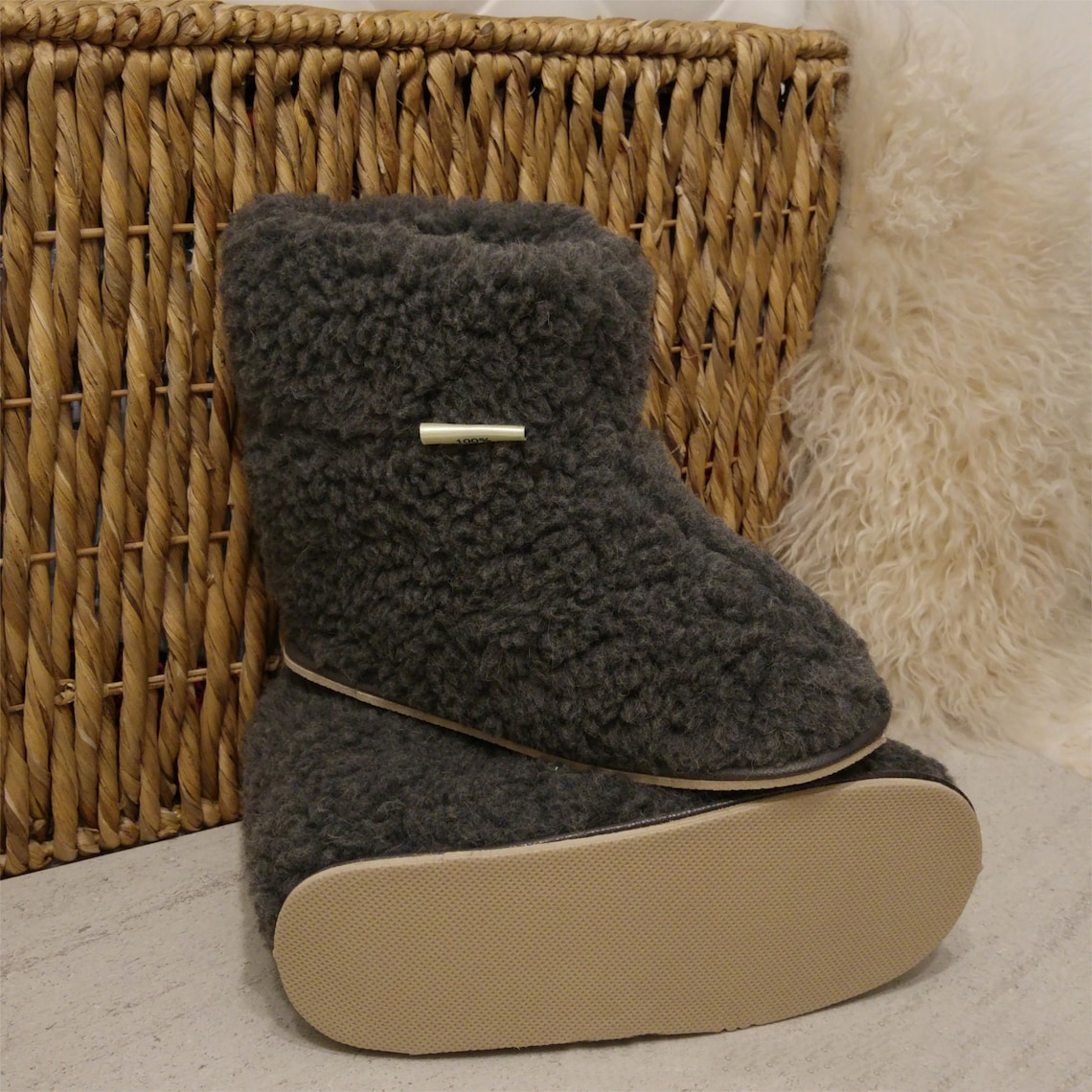 100% Natural Sheep Wool Boots Cozy Foot Slippers With Hard Durable Sole ...