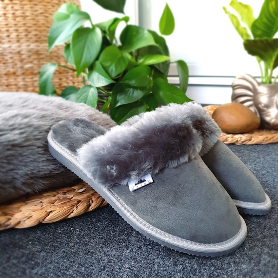 Women s Ladies Deluxe Handmade MULE Slippers Real Sheepskin Suede Fur Hard EVA Sole in Grey Colour Fur Collar Easy Slip On Etsy UK