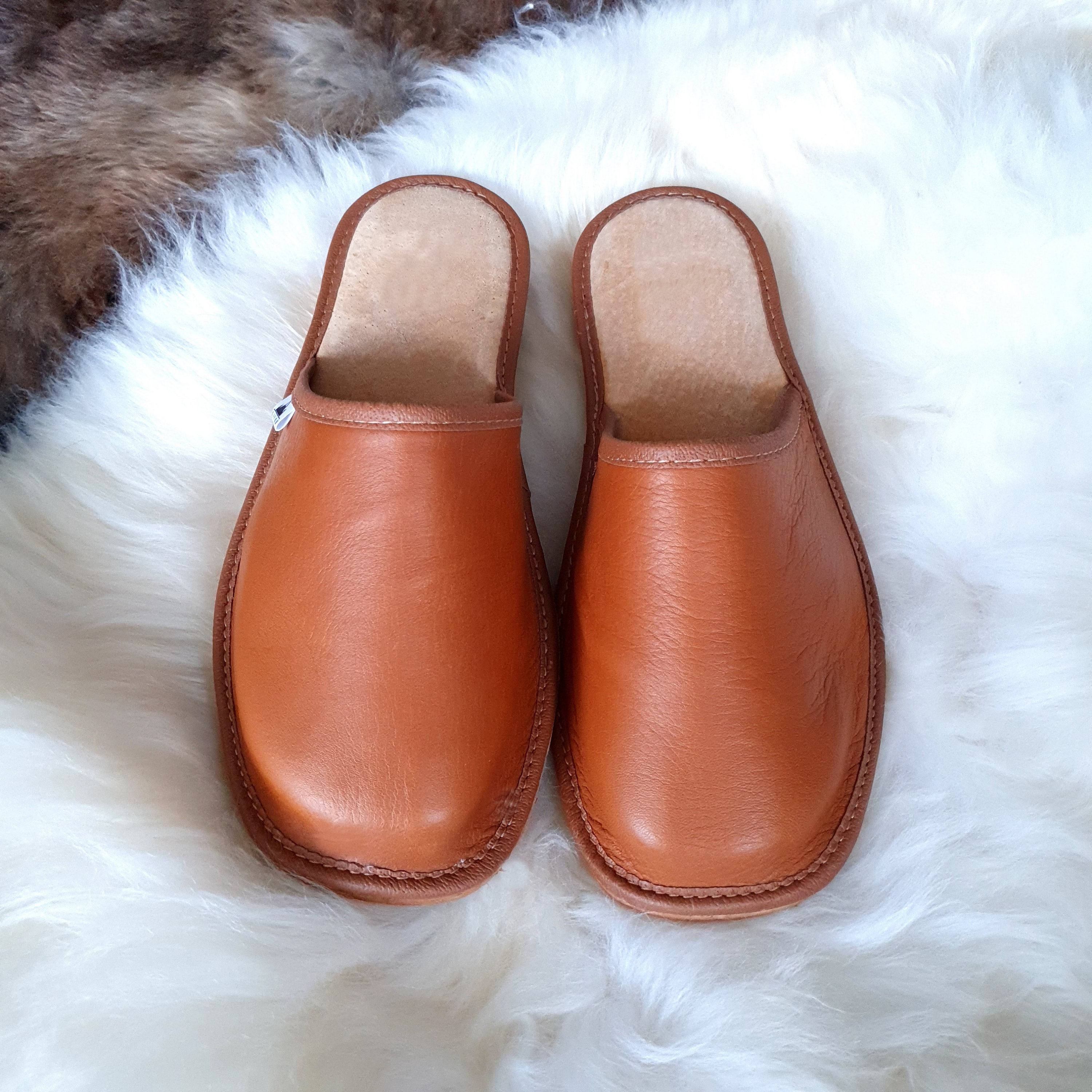 Luxury Men's Handmade Genuine Leather Mule Slippers: Cognac Colour ...