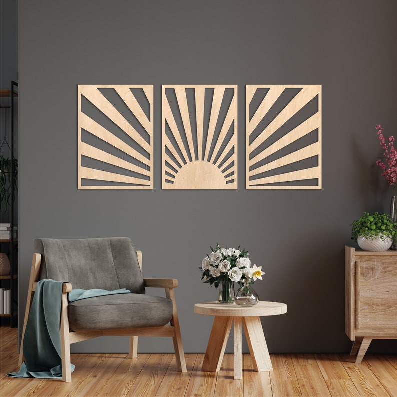 Wood Sun Wall Art Set of 3, Sunshine Wall Hanging, Sunset Wall Decor ...