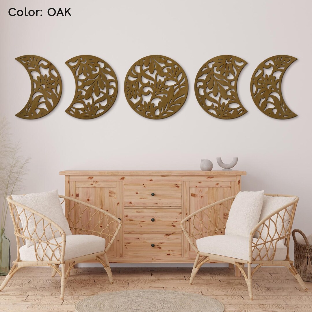 Wooden Floral Moon Phase Wall Hanging, Moon Phase Wall Decor, Crescent ...