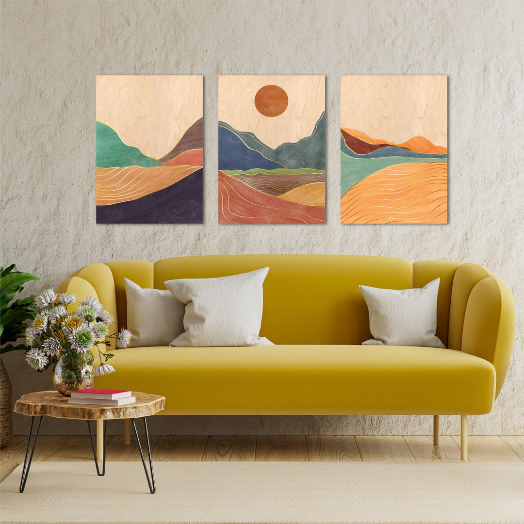 Mountain Triptych Wood Wall Art, Mountain and Sun Wall Art, Set of 3 ...