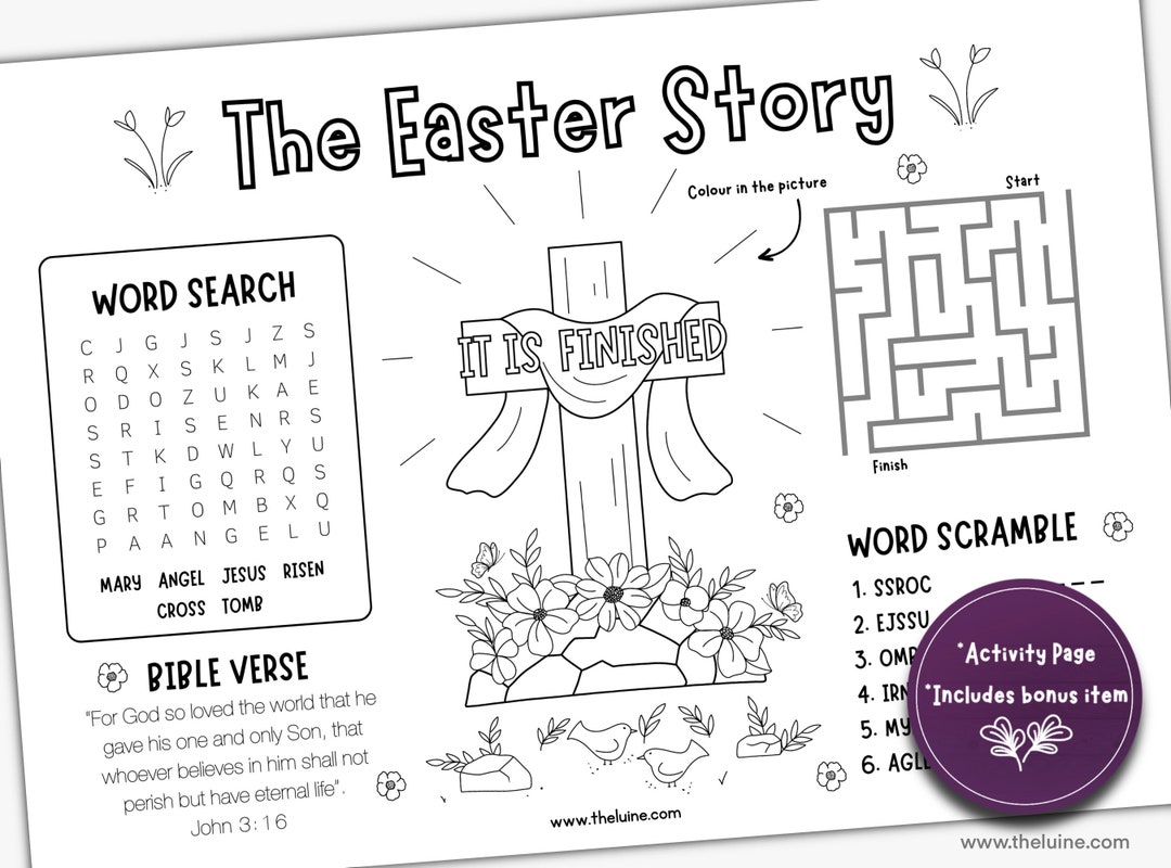 Easter Story Activity Placemat for Kids Bible Verse Activity Sheets ...
