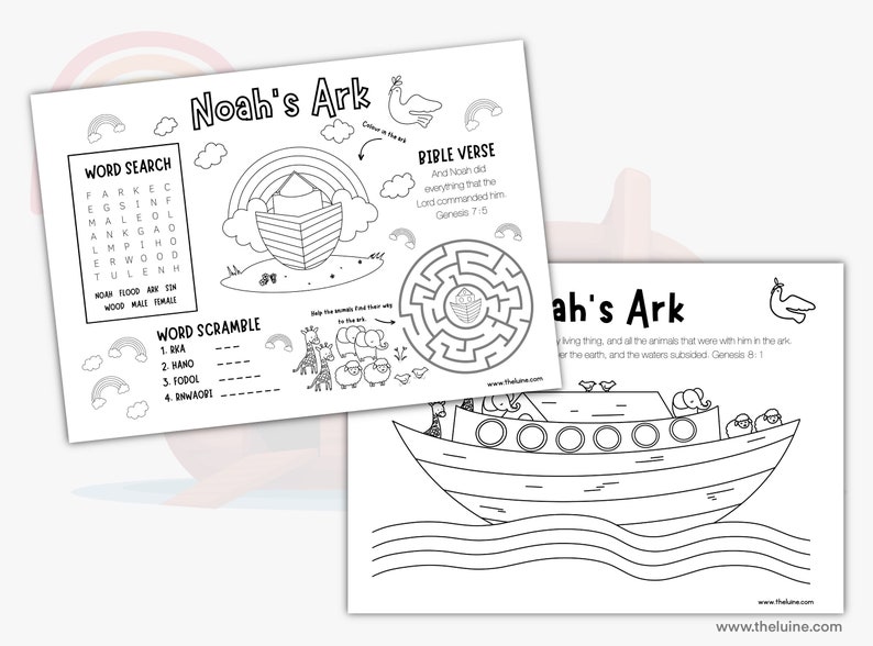 Noah’s Ark Activity Placemat for Kids Bible Verse Activity Sheets ...
