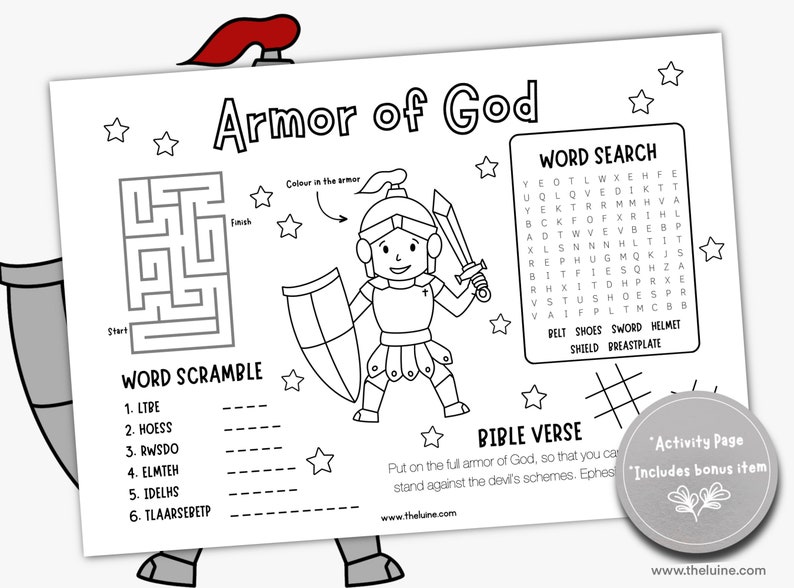 Armor of God Activity Placemat for Kids Bible Verse Activity Sheets ...