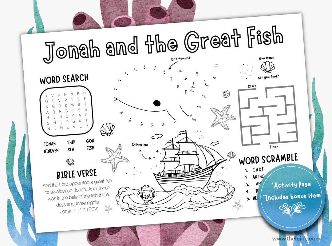 Jonah Activity Placemat for Kids Bible Verse Activity Sheets Printable ...