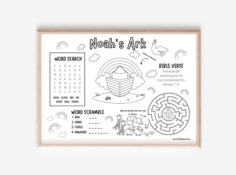 Noah’s Ark Activity Placemat for Kids Bible Verse Activity Sheets ...