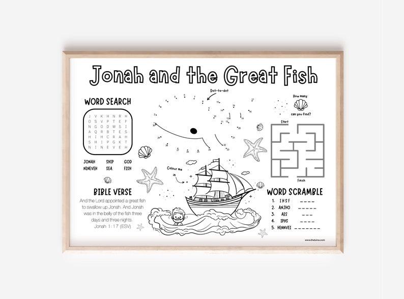Jonah Activity Placemat for Kids Bible Verse Activity Sheets Printable ...