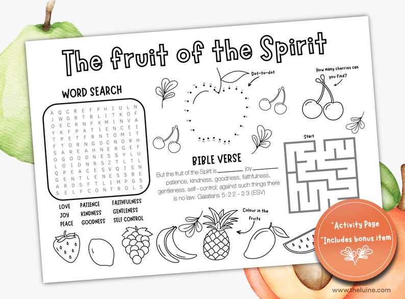 Fruit of the Spirit Activity Placemat for Kids Bible Verse Activity ...