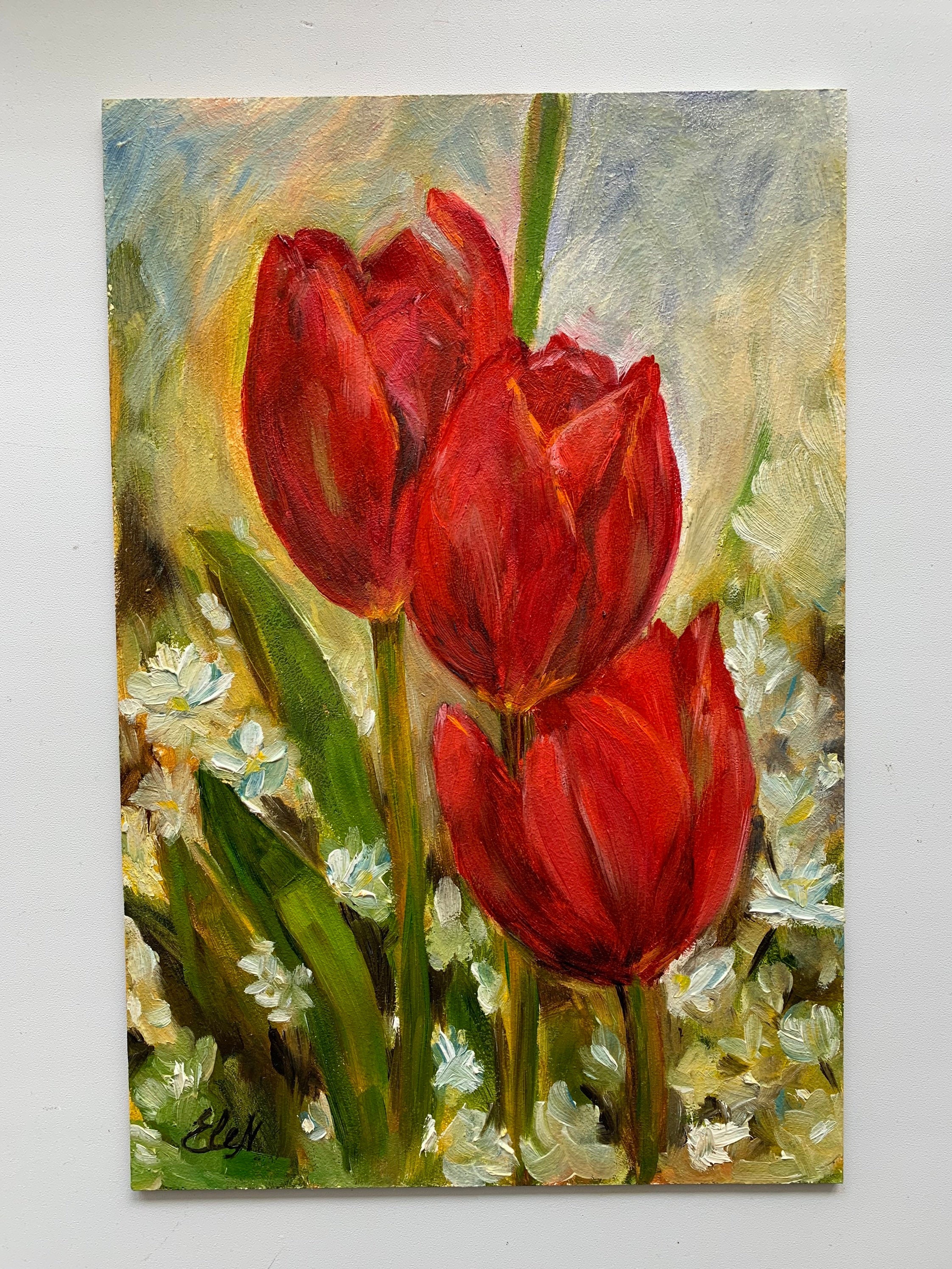 Tulips. Red Tulips Oil Painting on Hardboard. Garden Flowers. Original ...