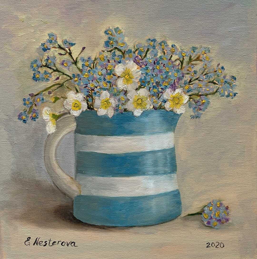 Flowers Painting. Wall Decor. Forget Me Not Painting. Still Life Oil ...