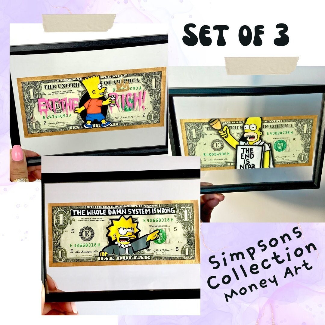 Simpsons Collection Money Art, Set of 3 Dollar Bill Artwork Lisa, Bart ...