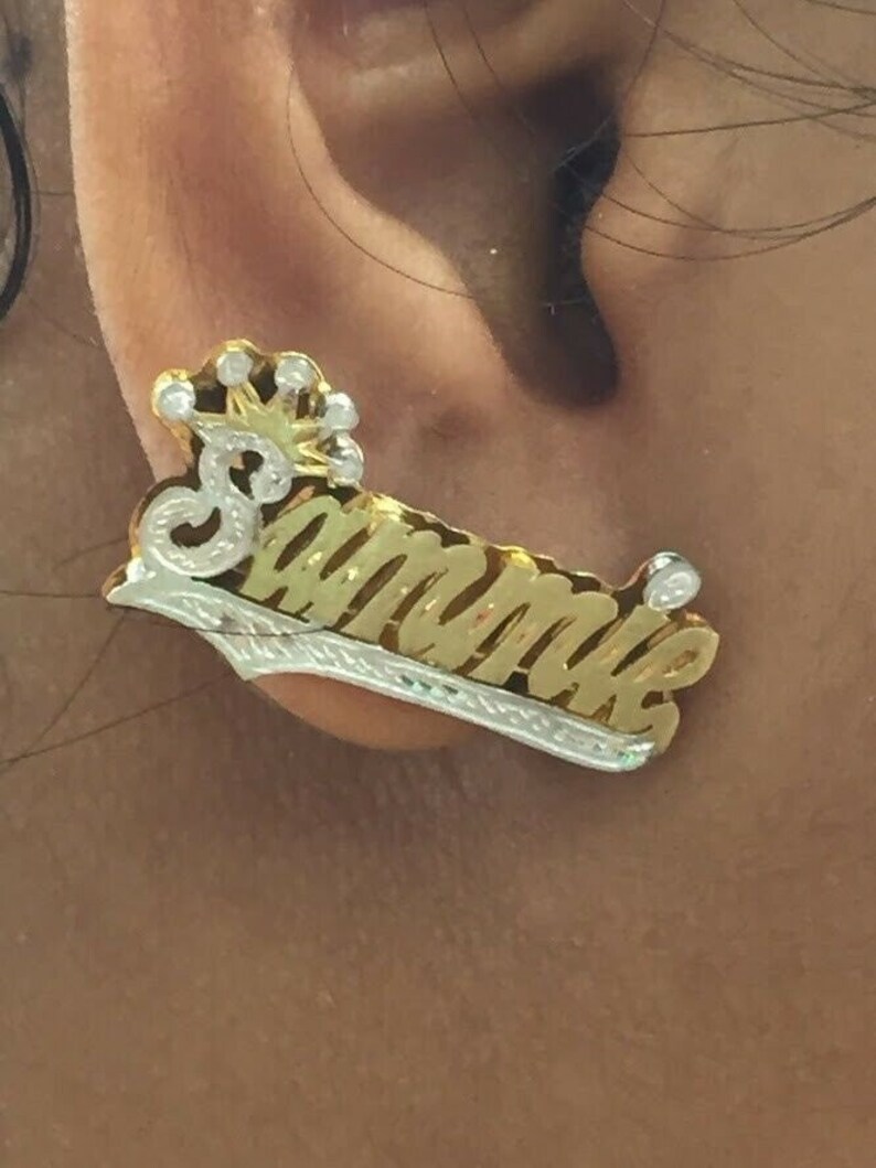 Personalized 14K Gold Plated DOUBLE NAME Plate Stud Earrings With Crown Any best Customized Name