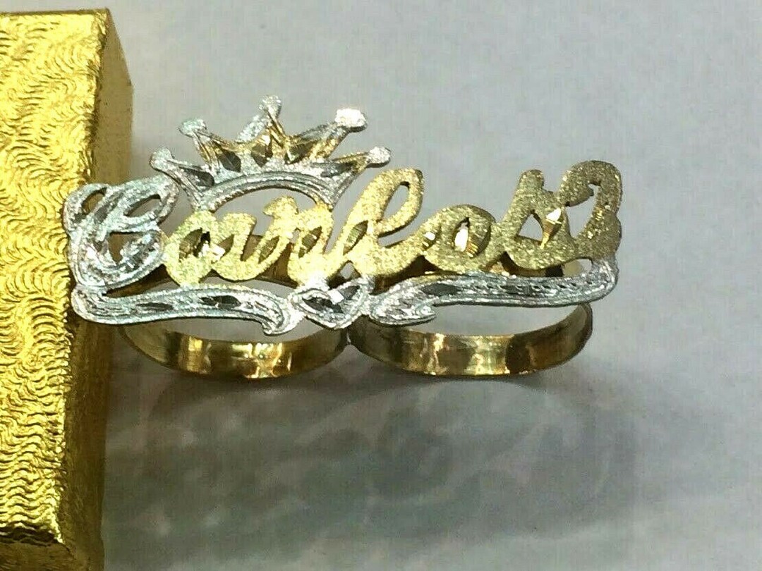 Personalized 14K Gold Plated Two Finger Ring With Crown Any Customized ...