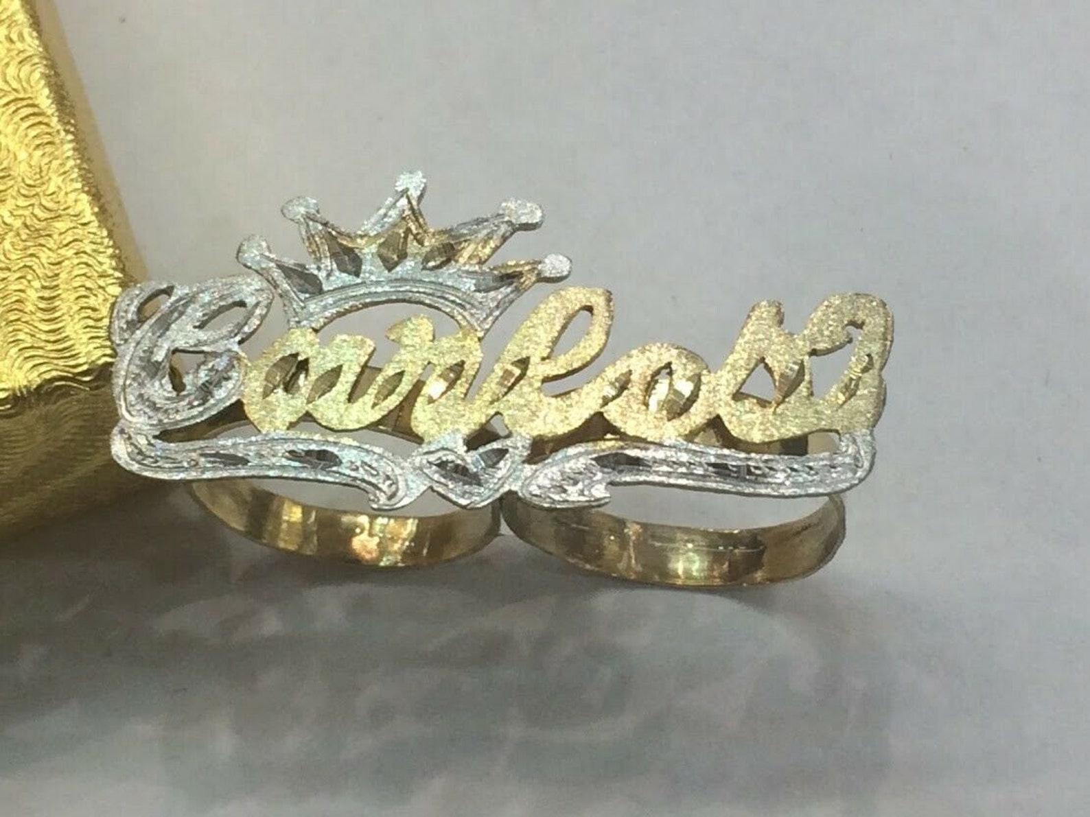 Personalized 14K Gold Plated Two Finger Ring With Crown Any | Etsy