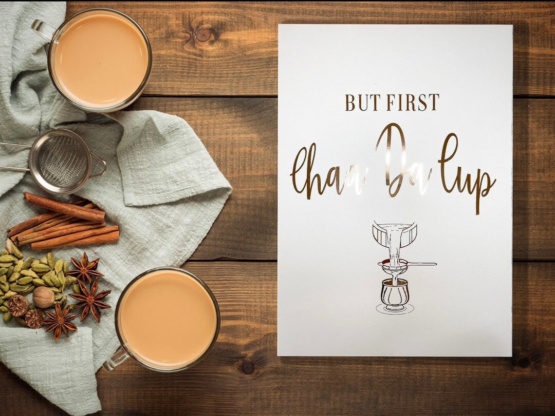 Foiled Punjabi Kitchen Art but First Chaa Da Cup Print A4, Rose Gold ...