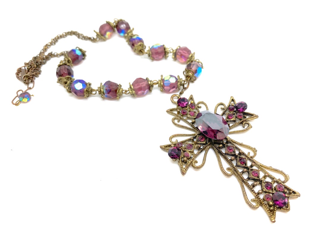Large Purple Pink Crystal Cross Statement Pendant and Chain With Aurora ...