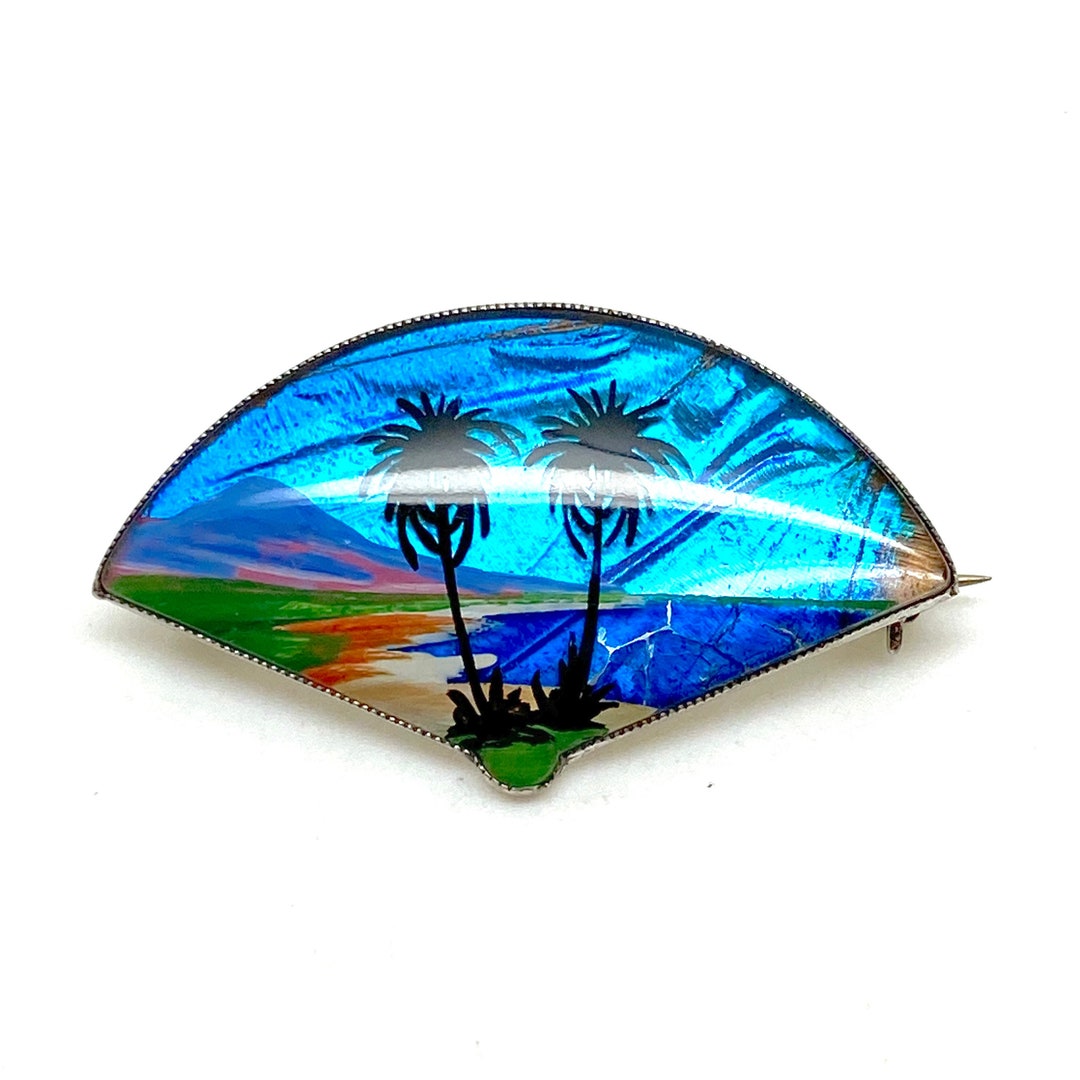 Exotic Palm Tree Scenic Butterfly Wing Brooch in Sterling Silver by ...