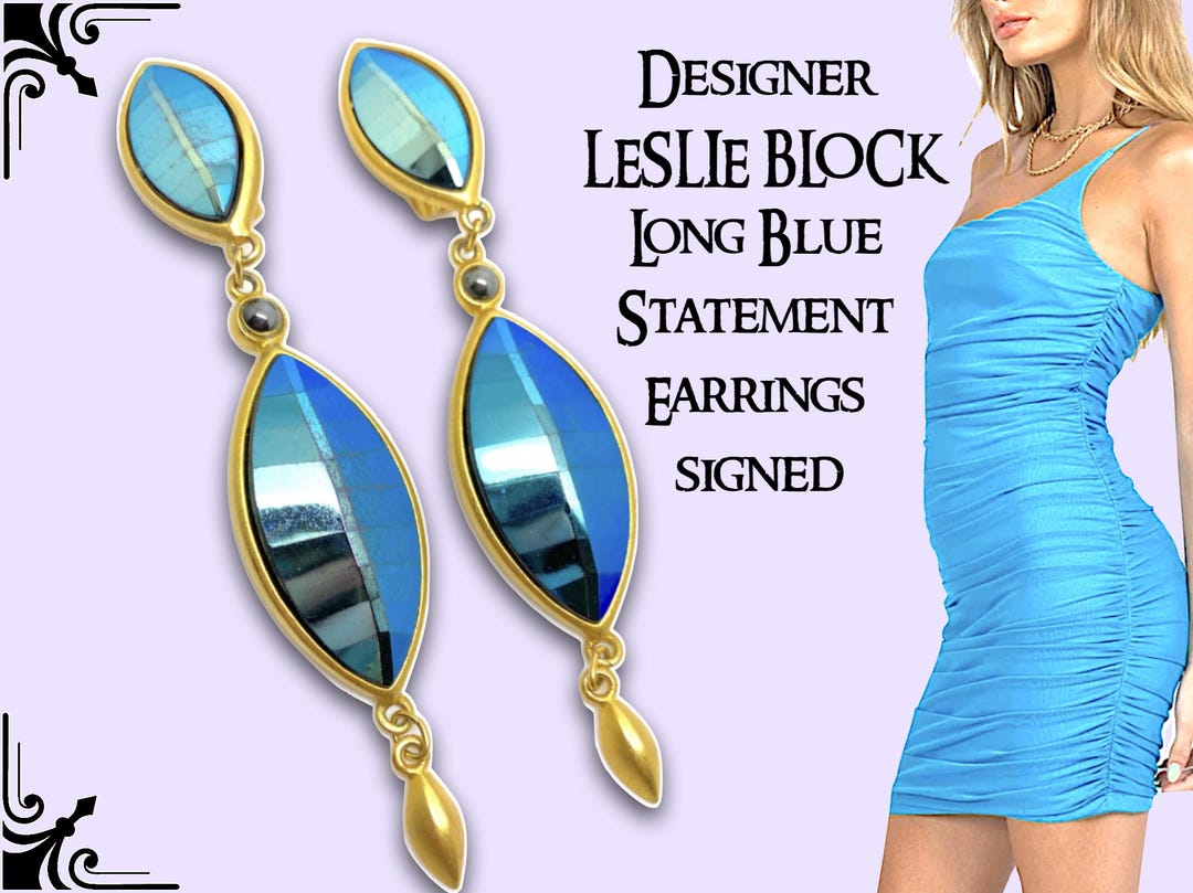 Designer Leslie Block Long Blue Statement Clip Earrings- Signed - Etsy