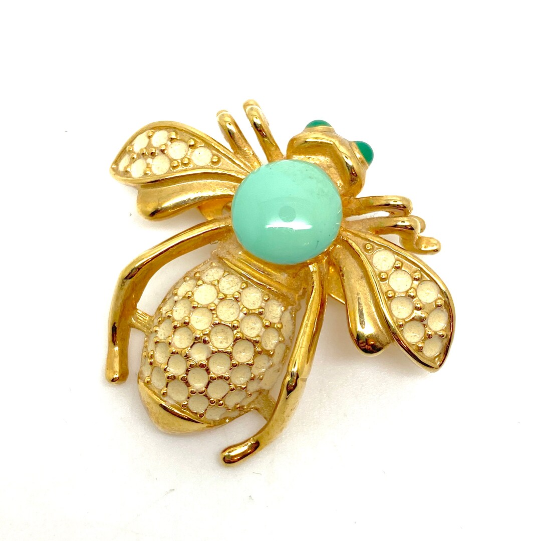 Bug Insect Wasp Cream Enamel Green Crystal Glass Gold Tone Brooch Pin ...