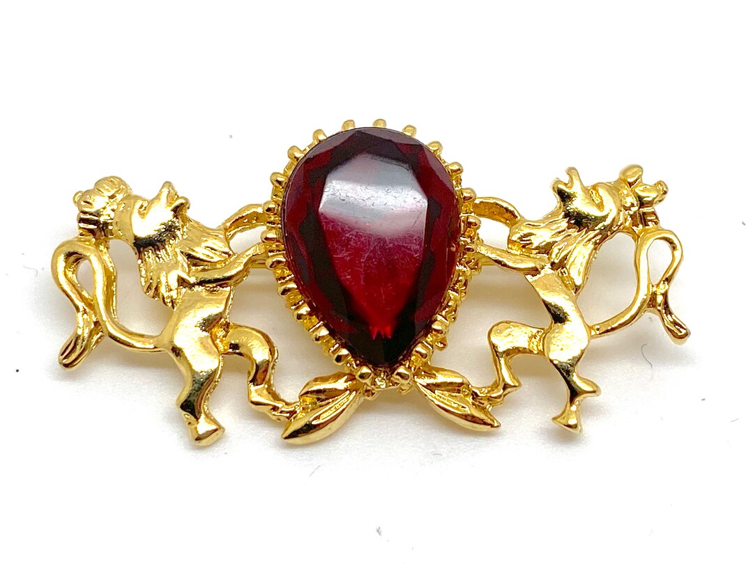 Ornate Regal Golden Lions Red Glass Heraldry Brooch - Etsy