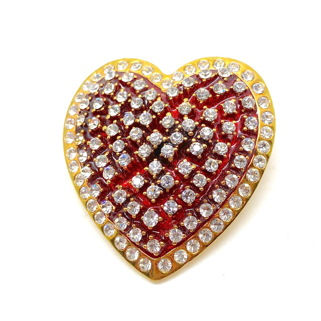 1980s Red Enamel and Crystal Puffy Heart Brooch - Etsy