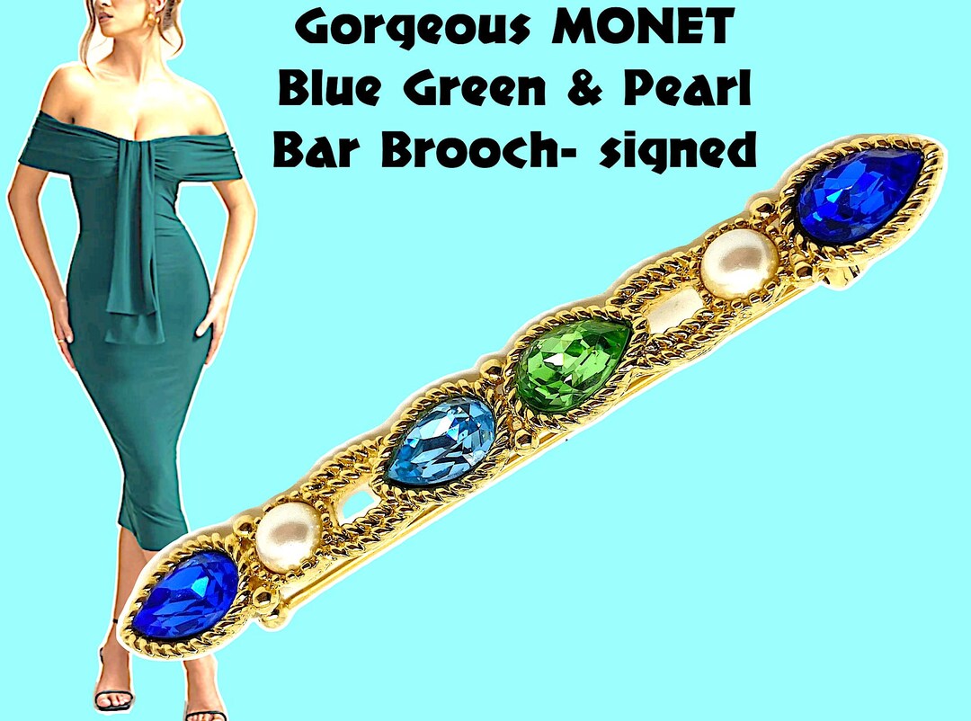 Gorgeous Blue Green & Pearl MONET Bar Brooch Pin - Etsy